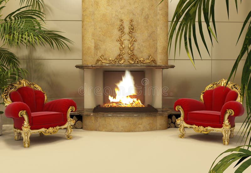 Baroque Armchairs with Fireplace in Royal Interior Stock Illustration ...