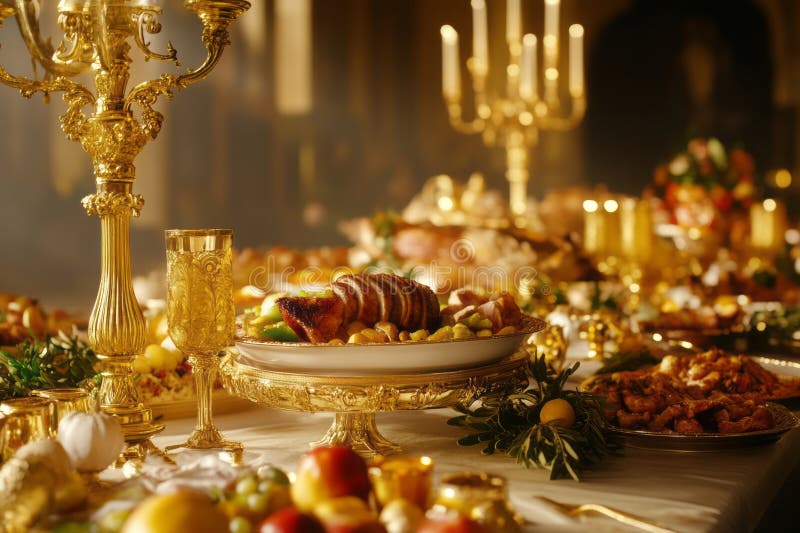 Baroque Banquet Scene Displaying Sumptuous Feast on Ornate Table ...