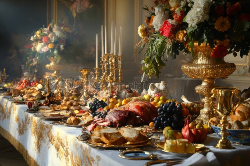 Baroque Banquet Scene Displaying Sumptuous Feast on Ornate Table ...