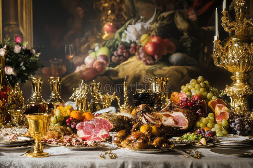 Baroque Banquet Scene Displaying Sumptuous Feast on Ornate Table ...