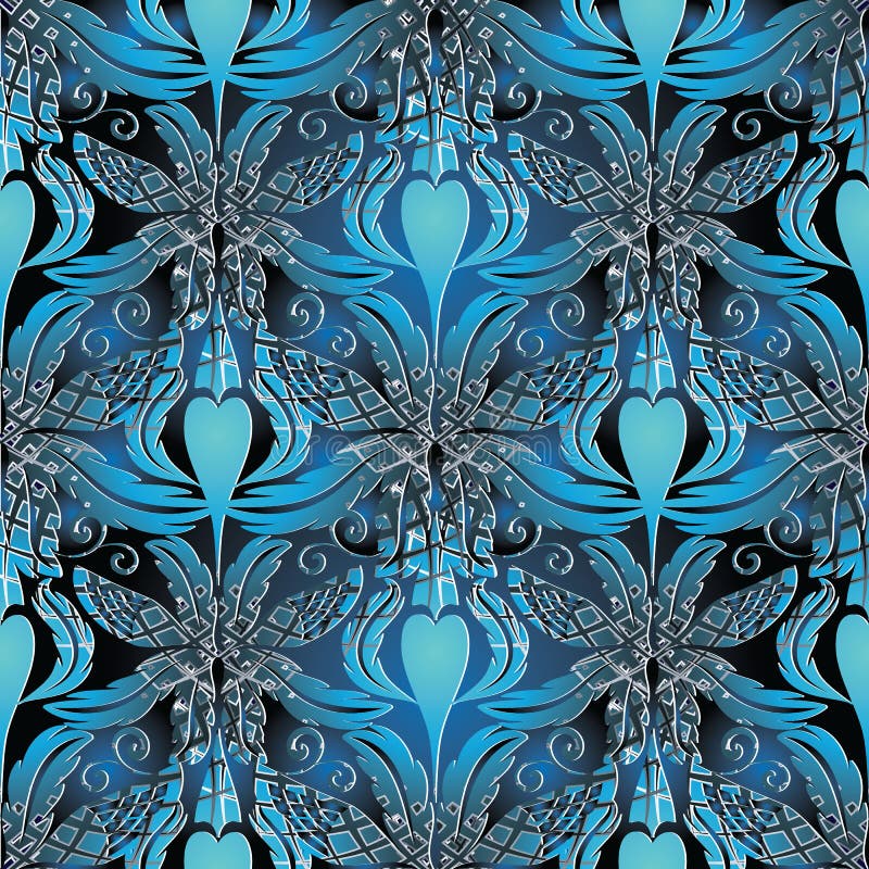3d Blue Baroque Seamless Pattern. Vector Floral Background Wallpaper ...
