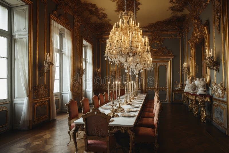 Baroque Dining Room with Ornate Chandelier and Gold-gilded Accents ...