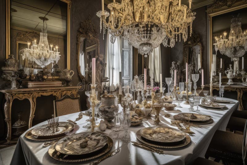 Baroque Dining Room, with Lavish Table Settings and Crystal Glasses ...