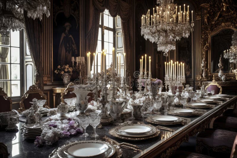 Baroque Dining Room, with Lavish Table Settings and Crystal Glasses ...