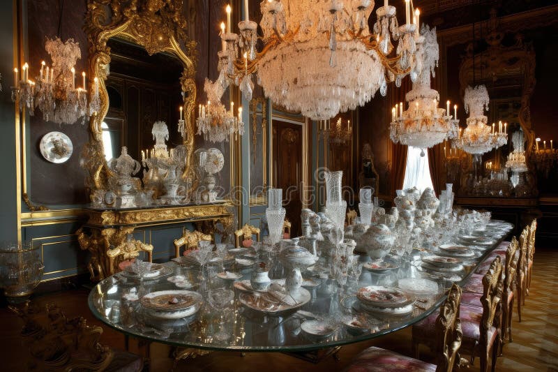Baroque Dining Room, with Lavish Table Settings and Crystal Glasses ...