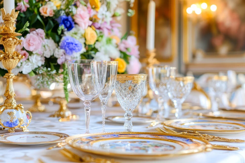 Baroque Dining Table Setting with Pink Roses and Golden Decorations ...