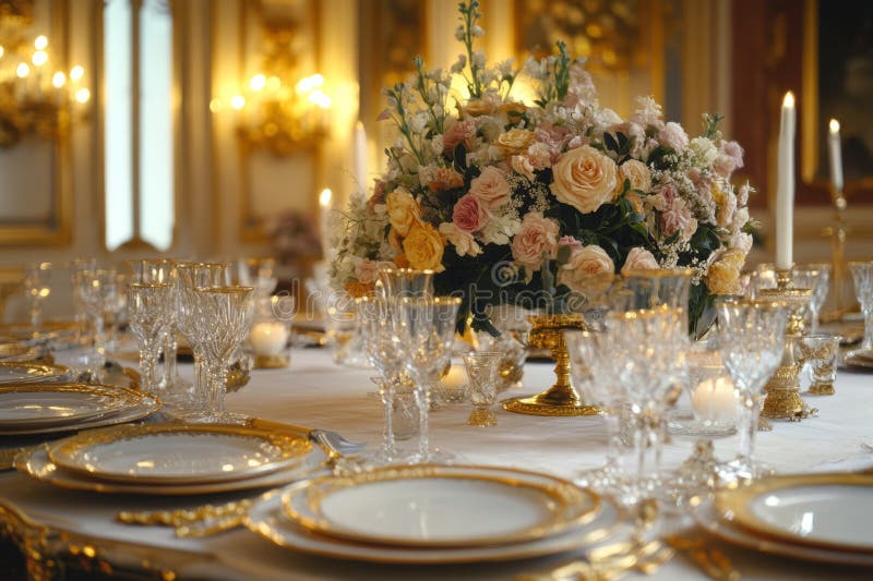 Baroque Dining Table Setting with Pink Roses and Golden Decorations ...