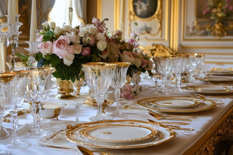 Baroque Dining Table Setting with Pink Roses and Golden Decorations ...