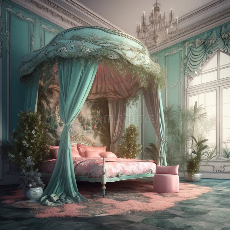 Generative AI: Pink Baroque Bedroom Stock Illustration - Illustration ...