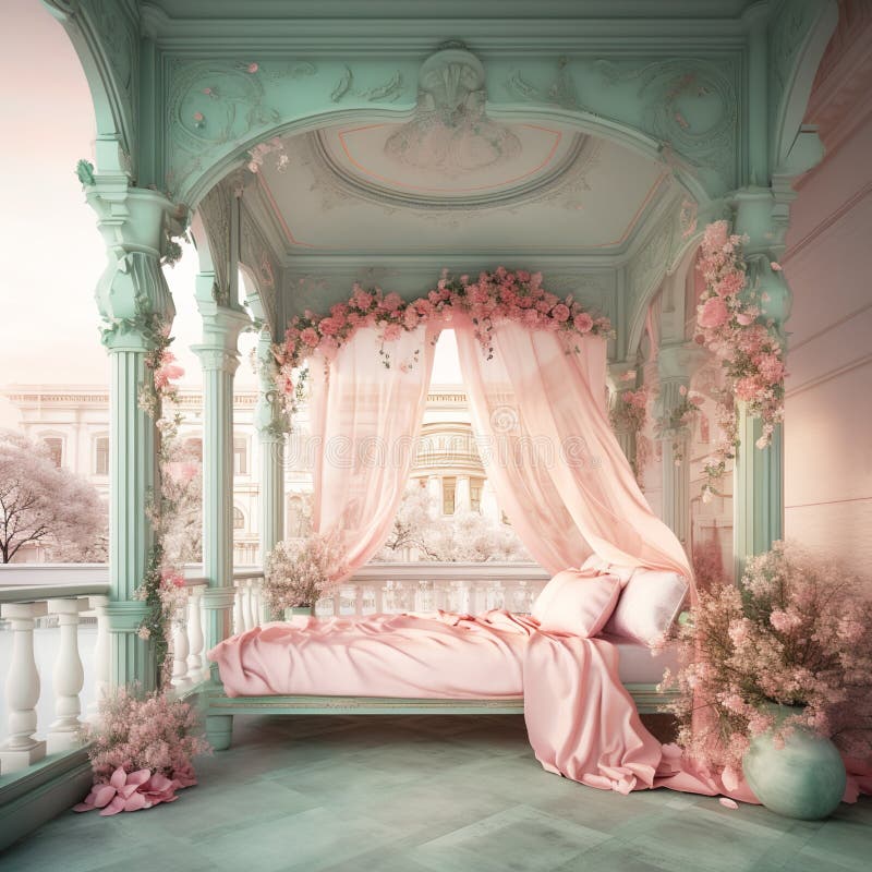 Generative AI: Pink Baroque Bedroom Stock Illustration - Illustration ...