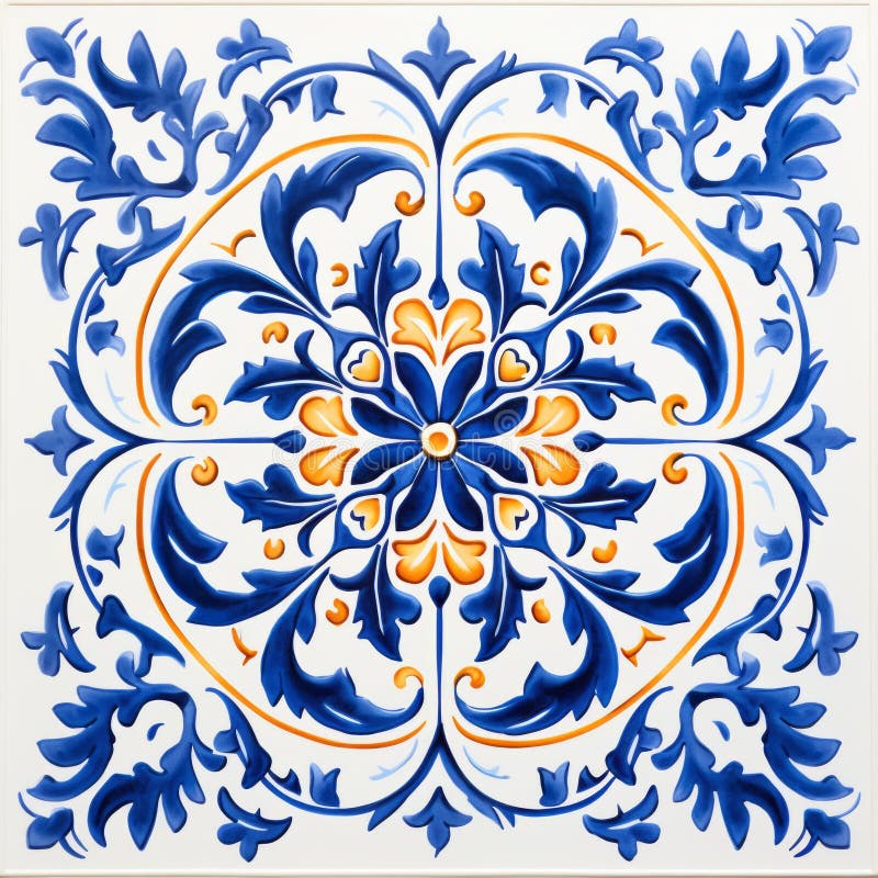 Baroque-inspired White Tile with Blue and Orange Floral Pattern Stock ...