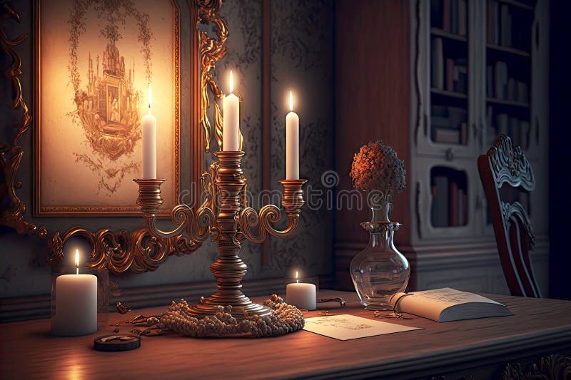Baroque Interior in House with Study and Candles on Table Stock ...