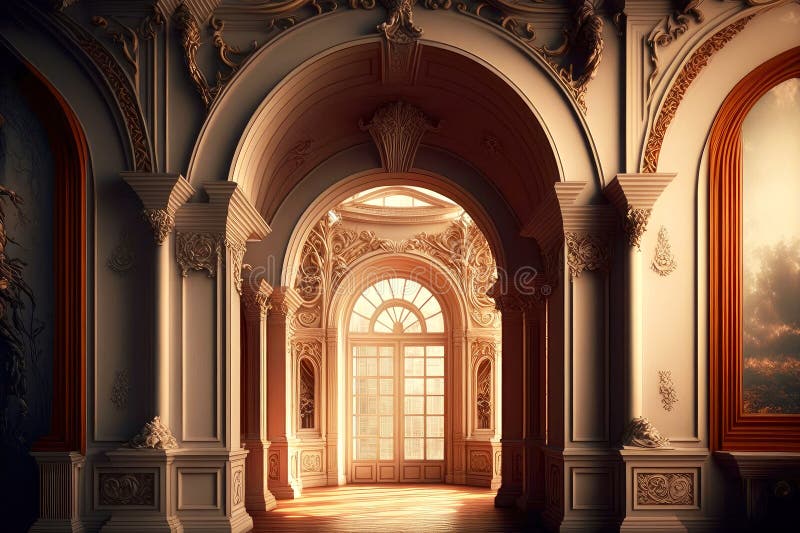Baroque Interior in Large Hall with Arched Window and Door Stock ...