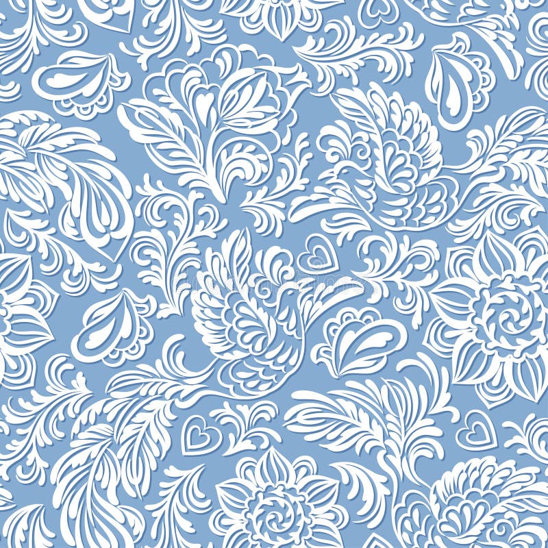 Baroque Pattern with Birds and Flowers, Blue Stock Vector ...