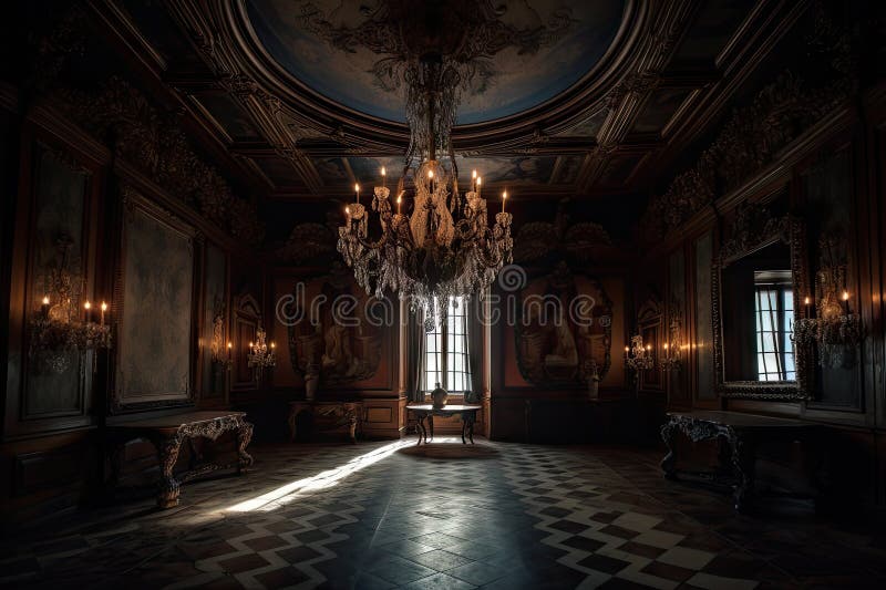 Baroque Room with Dramatic Lighting and Chandelier Stock Photo - Image ...