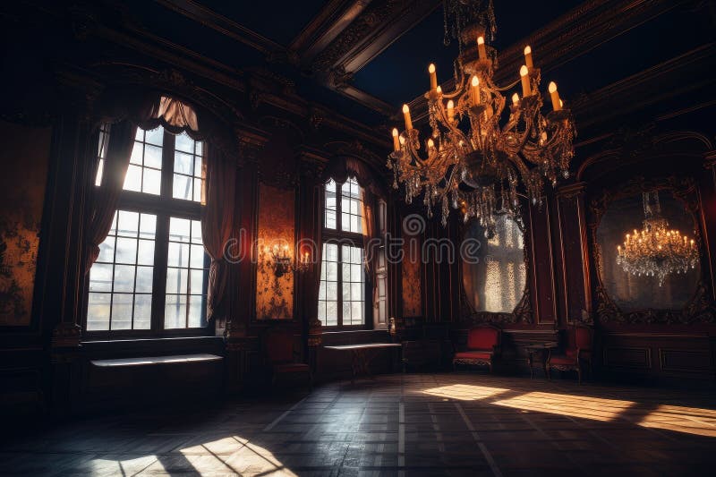 Baroque Room with Dramatic Lighting and Chandelier Stock Image - Image ...