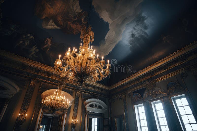 Baroque Room with Dramatic Lighting, Thunderbolts and Storm Clouds on ...