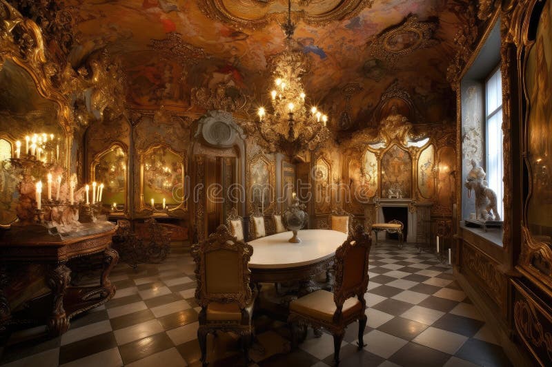 Baroque Room with Richly Decorated Columns and Walls Stock Illustration ...