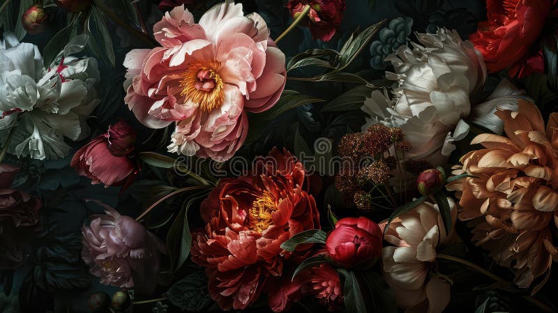 Baroque Splendor: Richly Colored Peonies Blooming Against a Dark ...