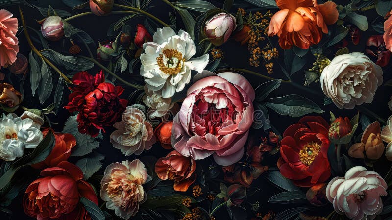 Baroque Splendor: Richly Colored Peonies Blooming Against a Dark ...