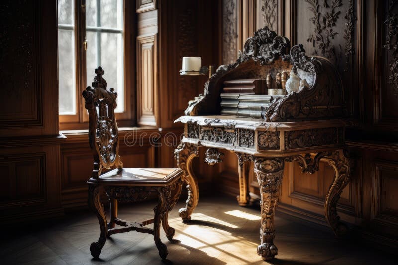 Baroque Study, with Ornate Wooden Desk and Scrollwork Chair Stock ...