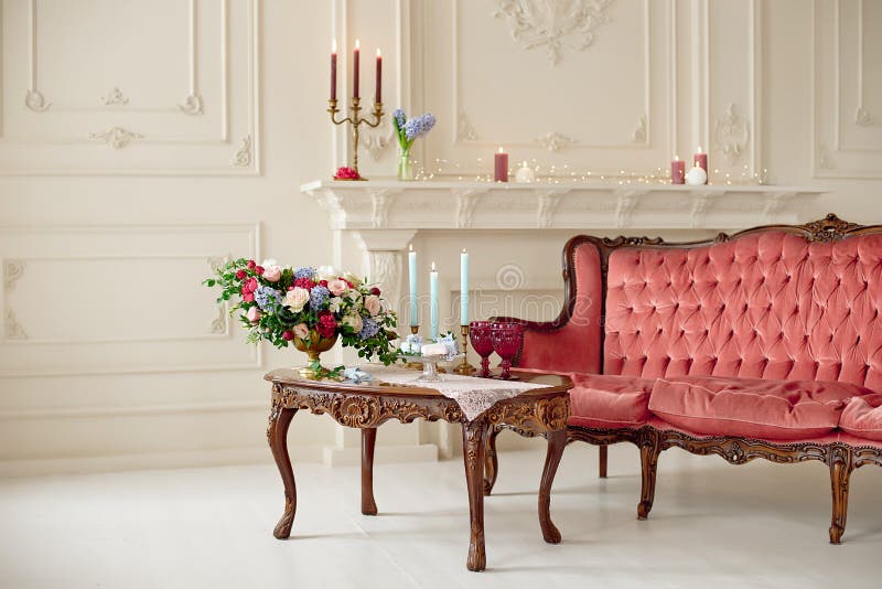 Baroque Style Interior with Red Luxury Sofa and Table Stock Photo ...