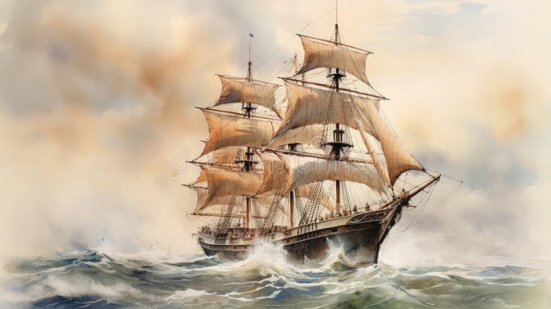 Barque Ship Painted in the Ocean by Watercolor. Generative Ai Stock ...