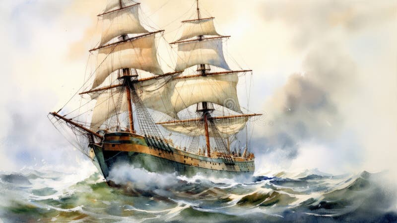 Barque Ship Painted in the Ocean by Watercolor. Generative Ai Stock ...