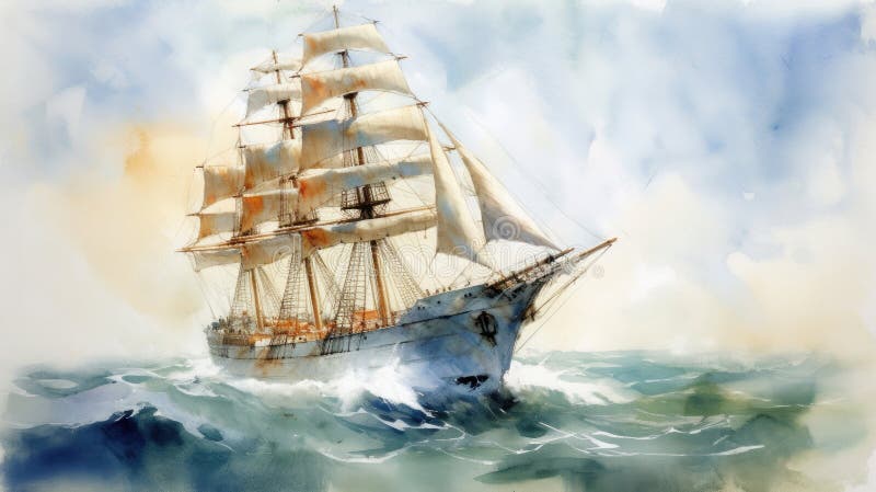 Barque Ship Painted in the Ocean by Watercolor. Generative Ai Stock ...