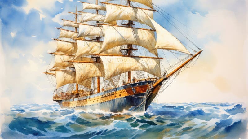 Barque Ship Painted in the Ocean by Watercolor. Generative Ai Stock ...