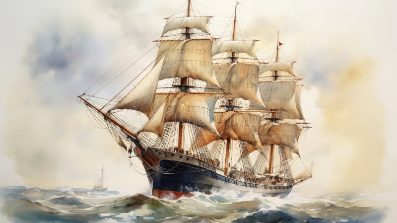 Barque Ship Painted in the Ocean by Watercolor. Generative Ai Stock ...
