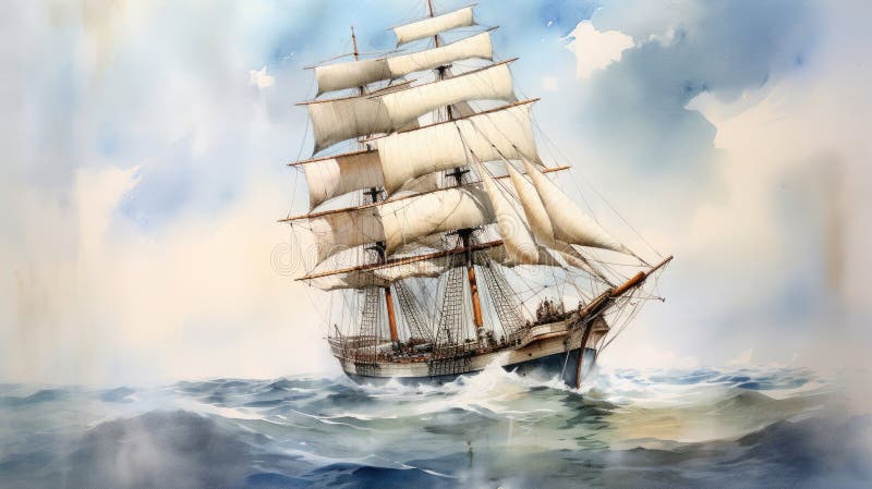 Barque Ship Painted in the Ocean by Watercolor. Generative Ai Stock ...