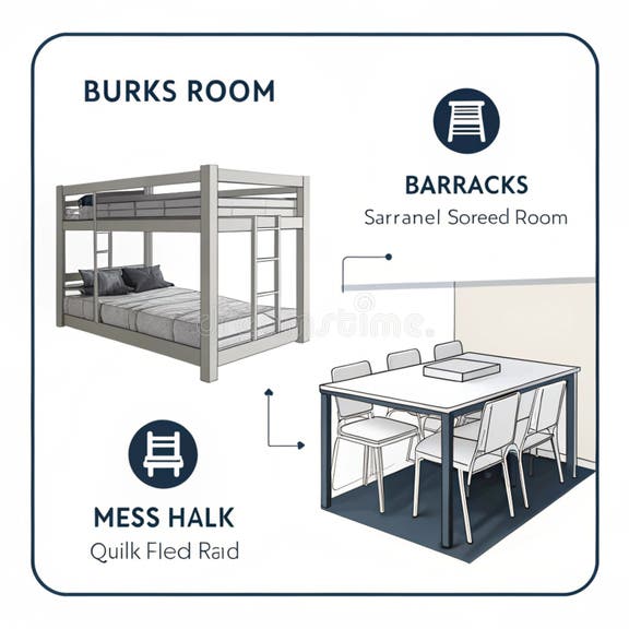 Barracks Room, Bunk Bed, Mess Hall Table Icon Set on White Background ...