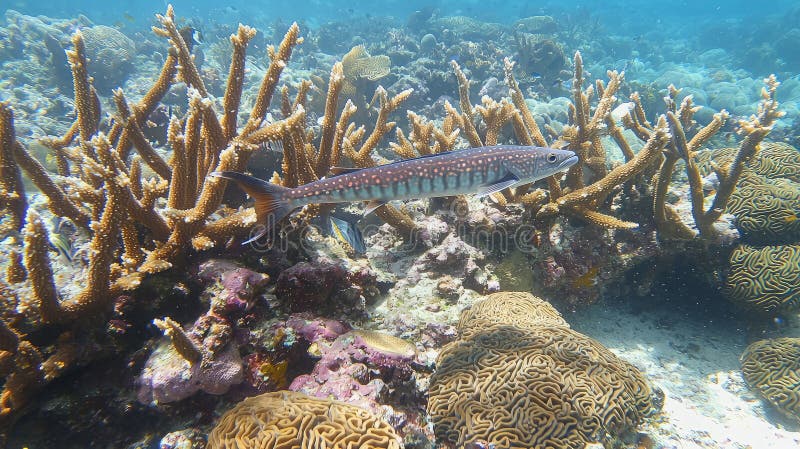 A Barracuda Swims through a Coral Reef Stock Photo - Image of ...
