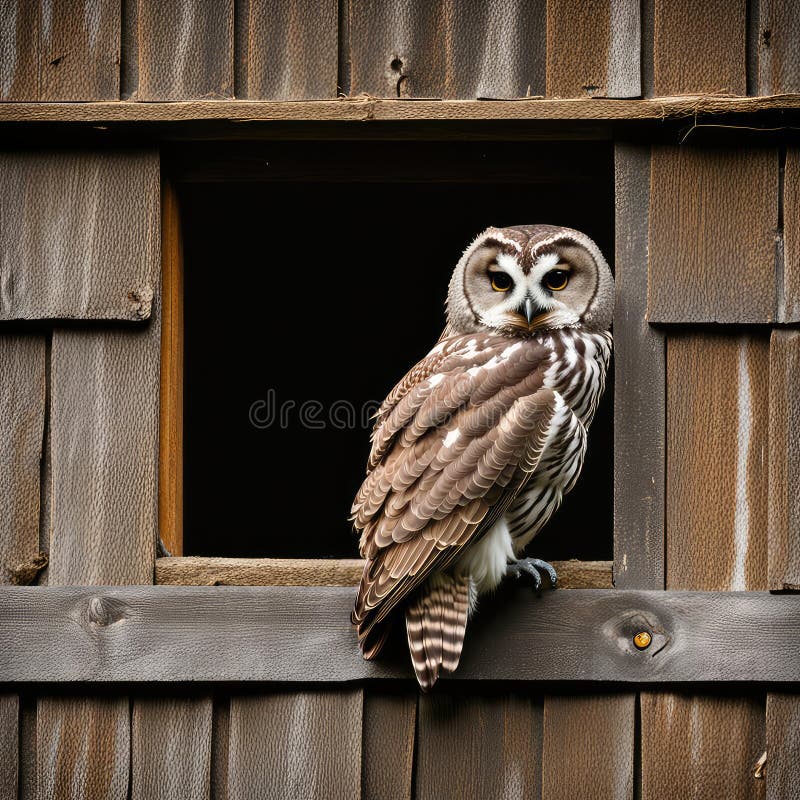 Barred Owl in Barn Window stock illustration. Illustration of brown ...
