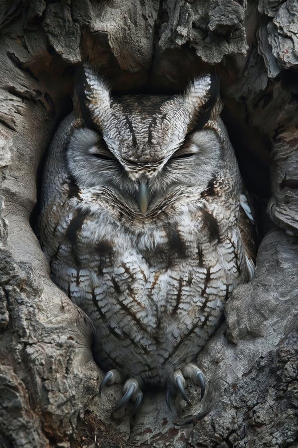 Barred Owl Sleeping Peacefully Inside of a Tree Trunk Stock Photo ...