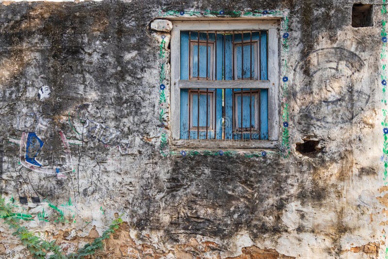 A Barred Window on an Old Building Stock Image - Image of blue ...
