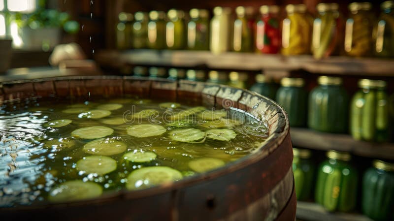 A Barrel of Cucumbers in Brine with Jars in the Background. Stock Image ...
