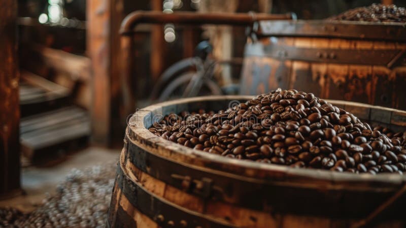 Barrel Filled with Fresh Coffee Beans in Rustic Setting Stock Photo ...