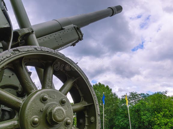 The Barrel of a Large-caliber Howitzer with a Muzzle Brake Stock Photo ...