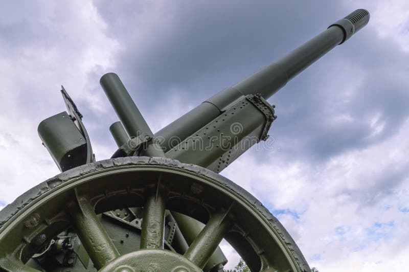The Barrel of a Large-caliber Howitzer with a Muzzle Brake Stock Photo ...