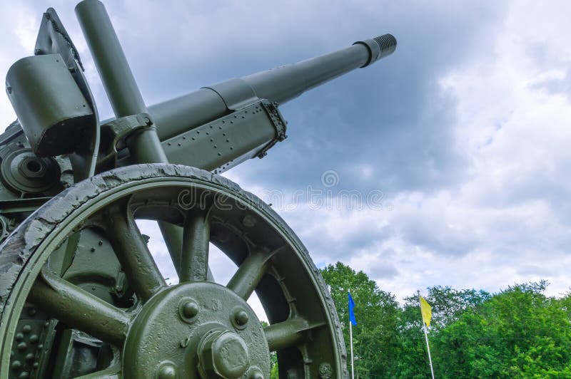 The Barrel of a Large-caliber Howitzer with a Muzzle Brake Stock Photo ...