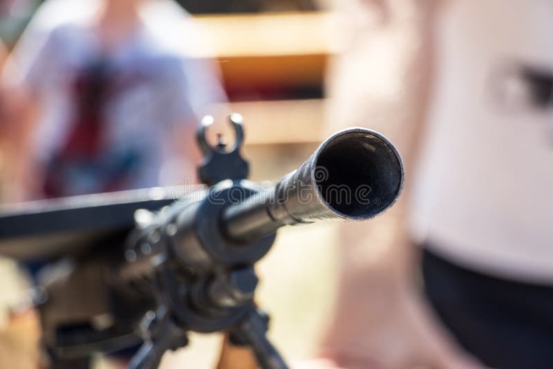 Aimed Gun Barrel. Selective Focus. Muscular Man Hold Weapon. Purpose ...