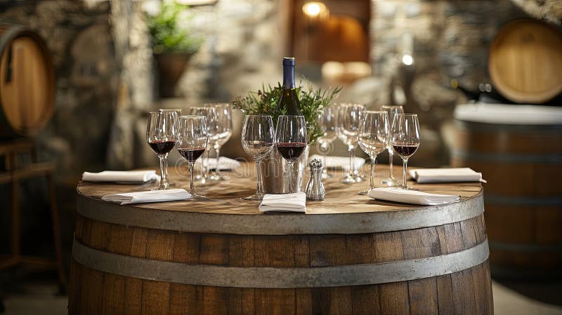 Barrel Table with Wine Glasses Setup. Stock Image - Image of table ...