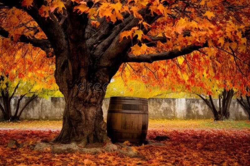 Barrel Under a Tree, Surrounded by Autumn Leaves Stock Illustration ...