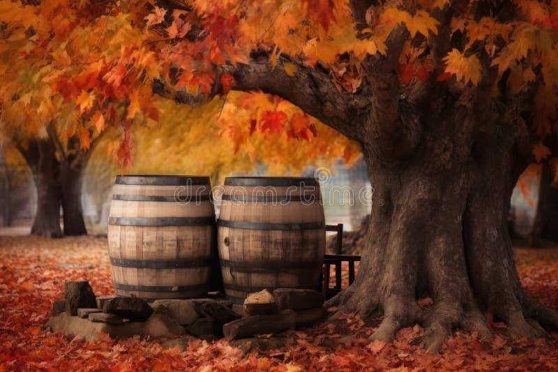 Barrel Under a Tree, Surrounded by Autumn Leaves Stock Image - Image of ...