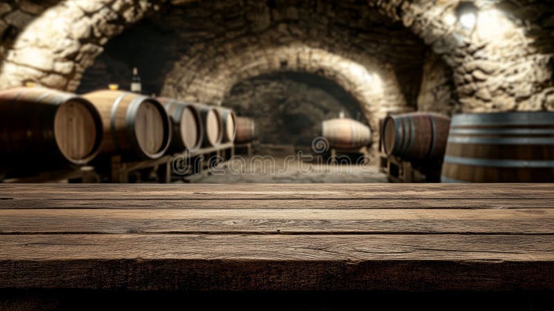 With Barrels As a Background and a Table with Free Space for Your Wine ...