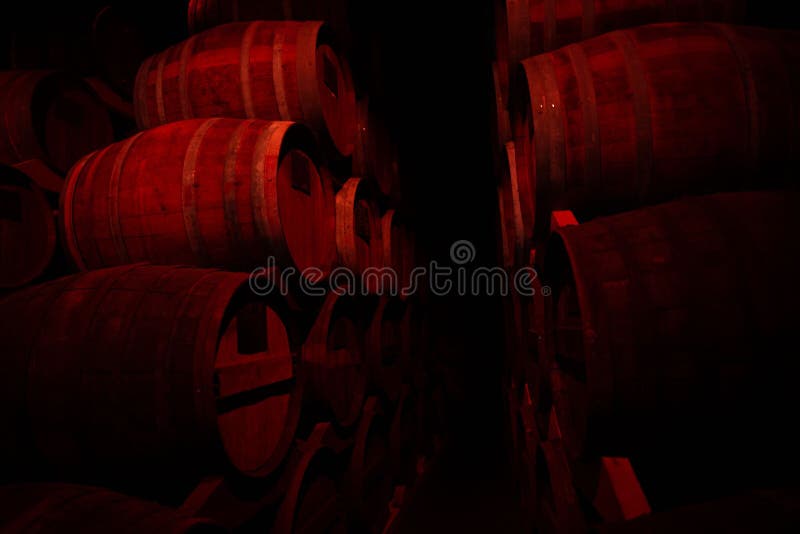 Barrels in a Dark Room Under a Red Light Stock Photo - Image of wooden ...