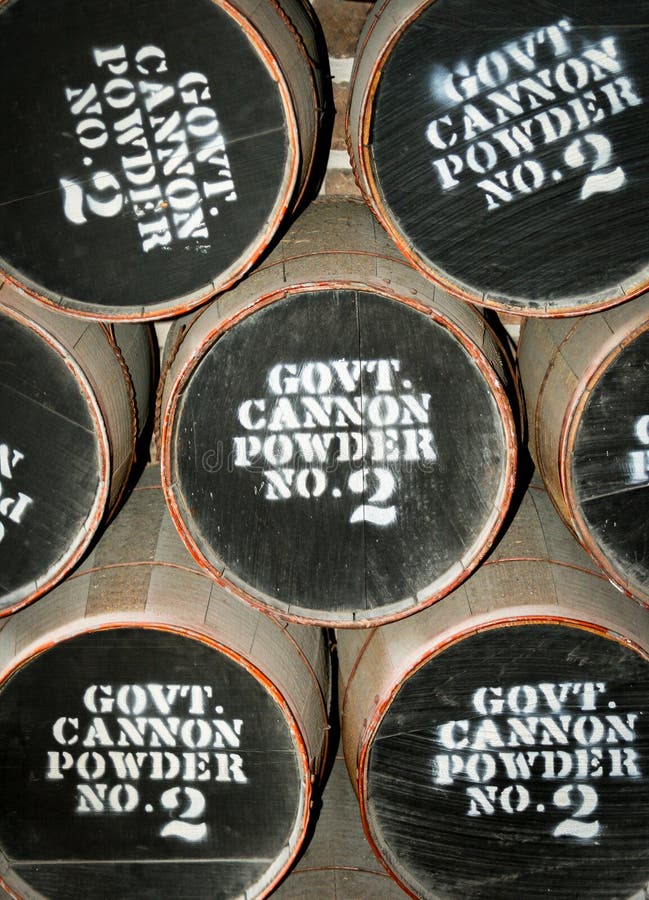 Row Of Cannons And Gunpowder Barrel Stock Photo - Image of antique ...