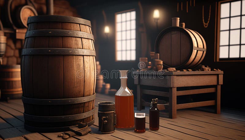 Barrels, Hops, and Brewing Equipment in a Rustic Brewery Stock ...